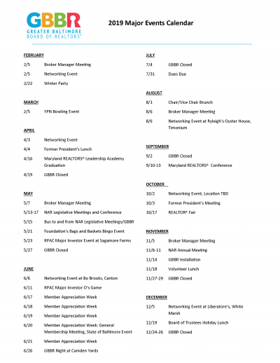 2019 Major Events Calendar | GBBR
