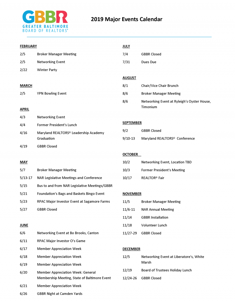 2019 Major Events Calendar | GBBR