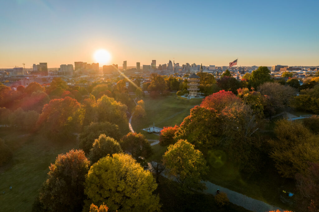 Autumn view from Patterson Park in Baltimore City at Sunset | GBBR